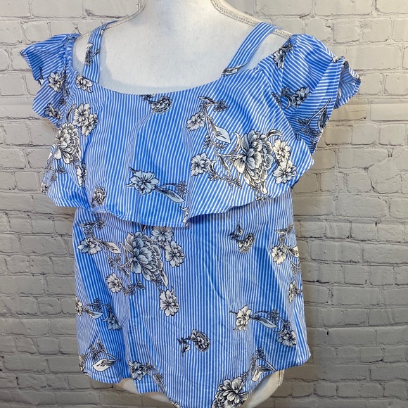 Primark | Tops | Primark Off Shoulder Top Ruffle Neck Blue Floral8 ...